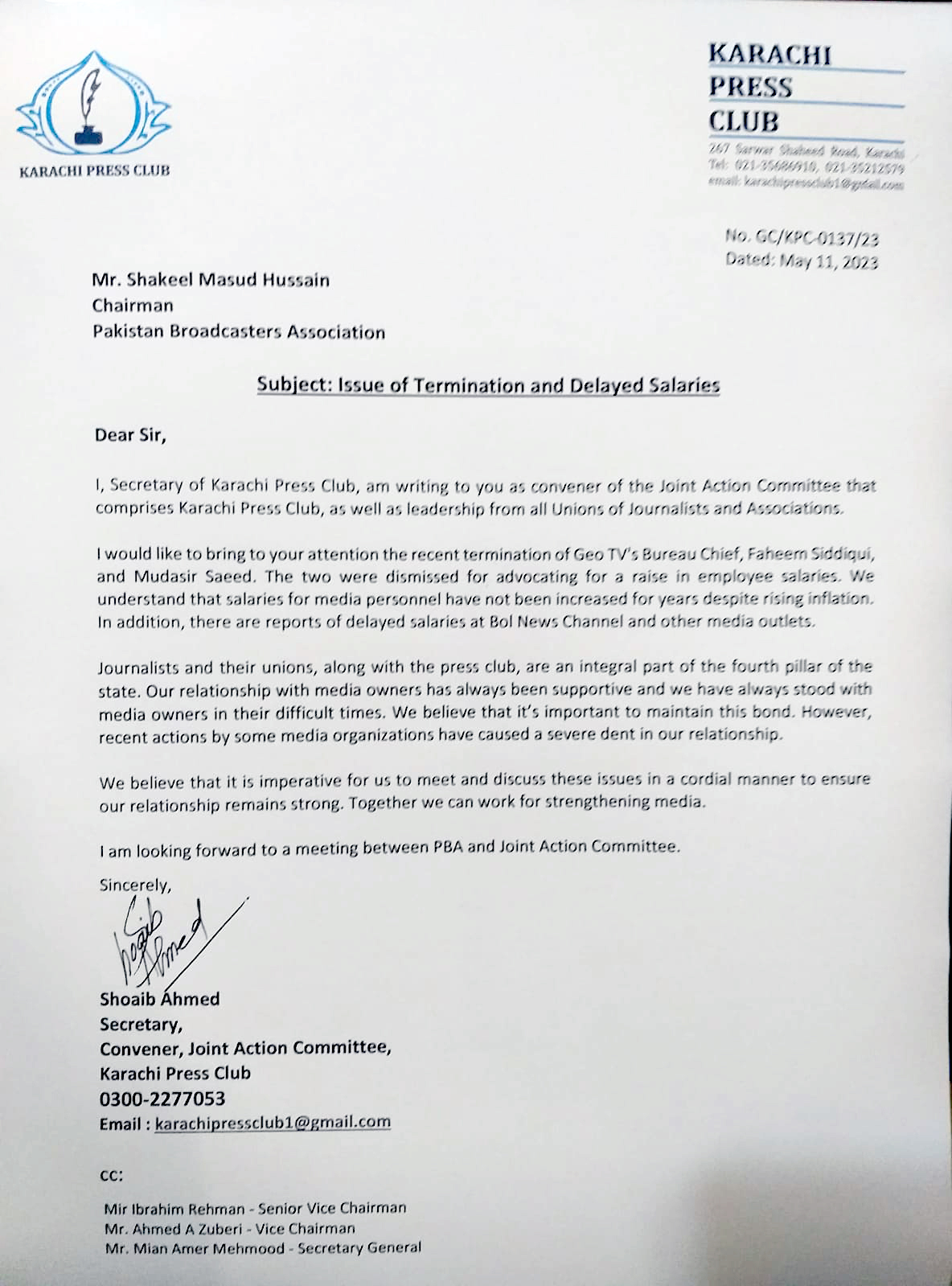 Karachi Press Club Secretary and Convener Joint Action Committee Shoaib ...